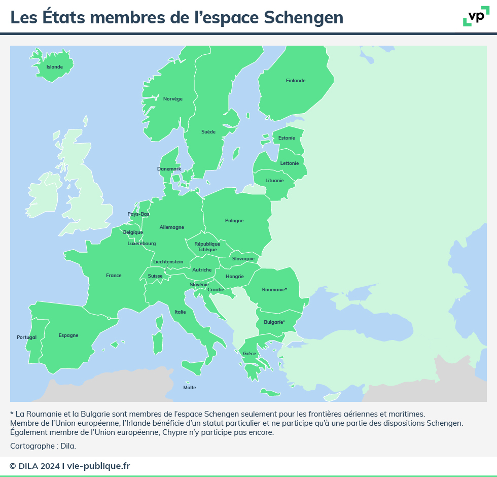 Carte : les États membres de l'espace Schengen | vie-publique.fr
